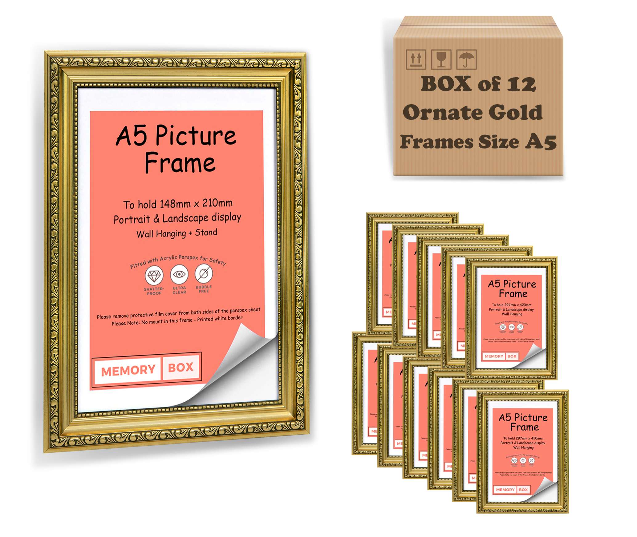 A5 GOLD - BOX OF 12 Ornate Shabby Chic Spoon Picture Frame • Memory Box