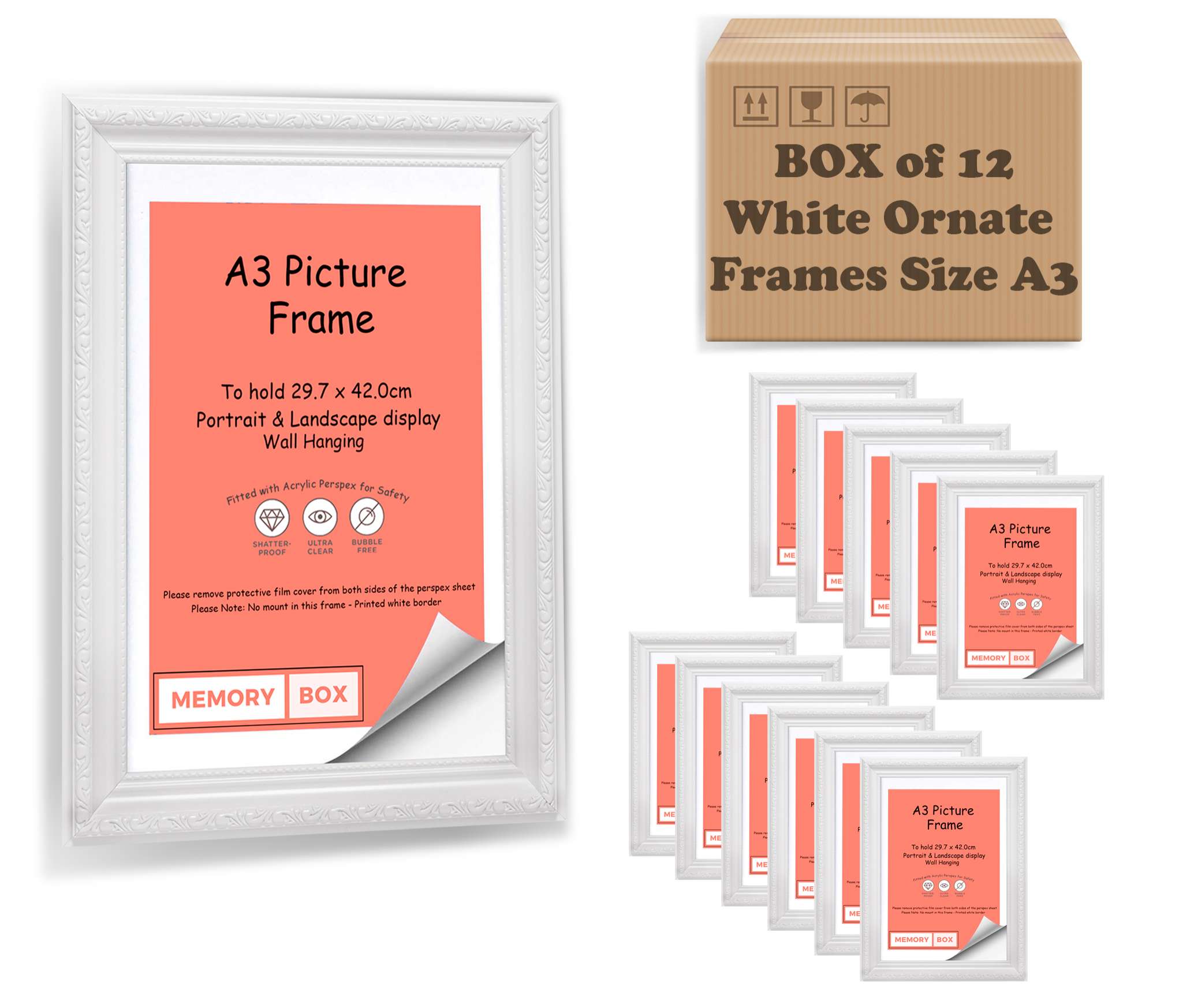 A3 WHITE - BOX OF 12 Ornate Shabby Chic Spoon Picture Frame • Memory Box