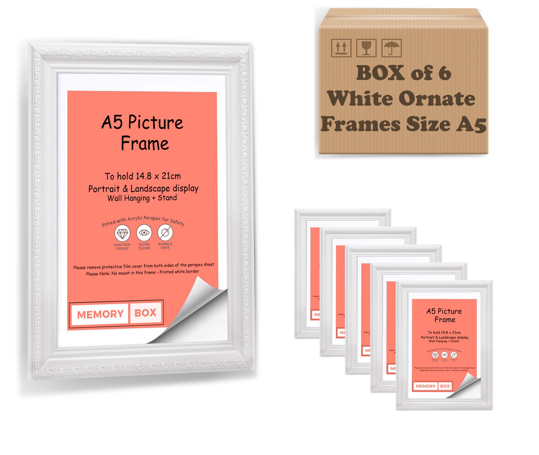 A5 WHITE - BOX OF 6 Ornate Shabby Chic Spoon Picture Frame • Memory Box